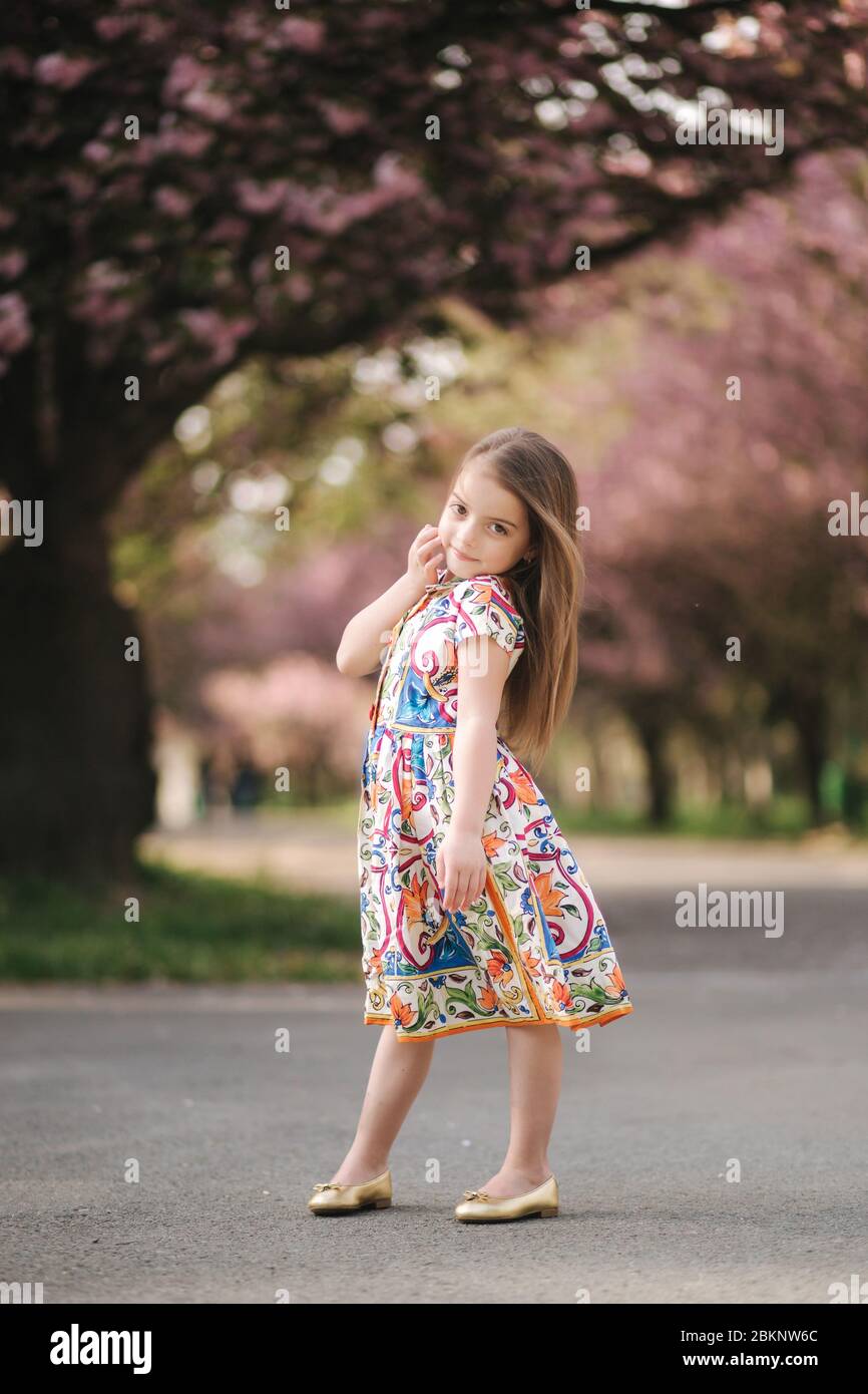 Young girl model poses to photographer. Female kid i beautiful dress ...