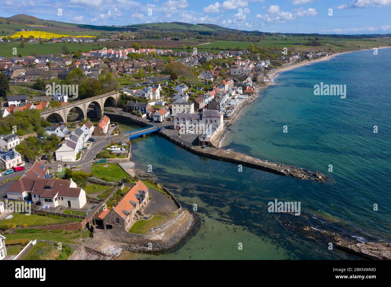 Aerial view of village of Lower Largo in Fife, during covid-19 lockdown ...