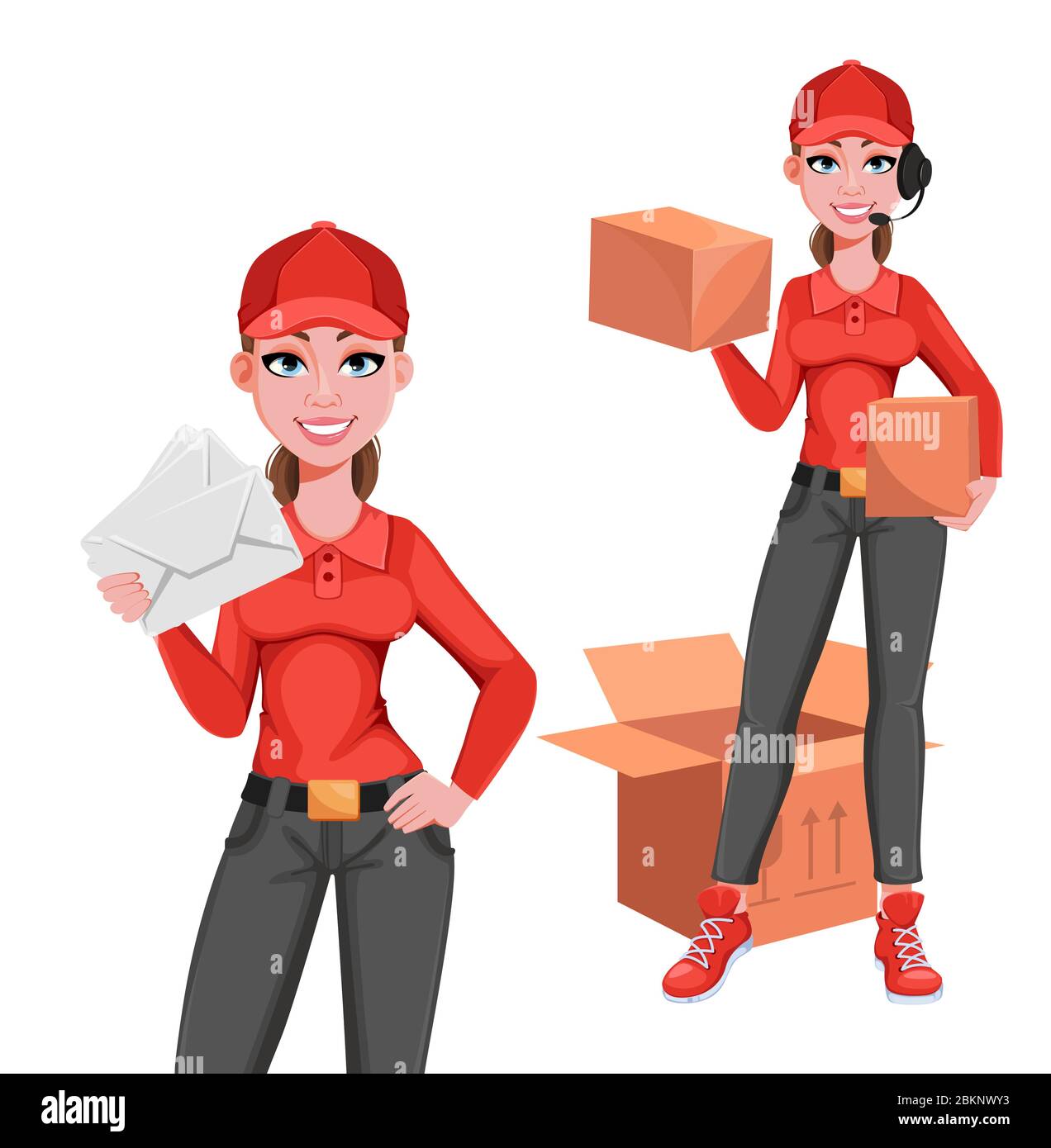 Courier woman, set of two poses. Delivery service concept. Cheerful ...