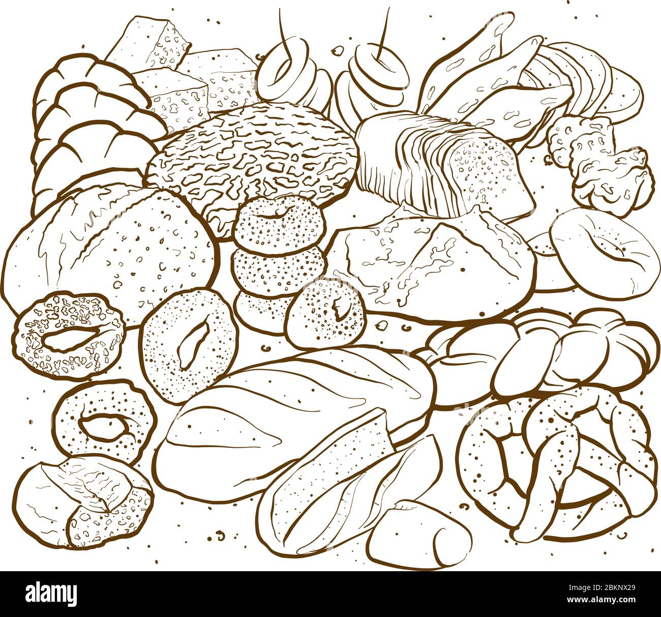 Outline version of Hand drawn sketched breads to a square arranged ...