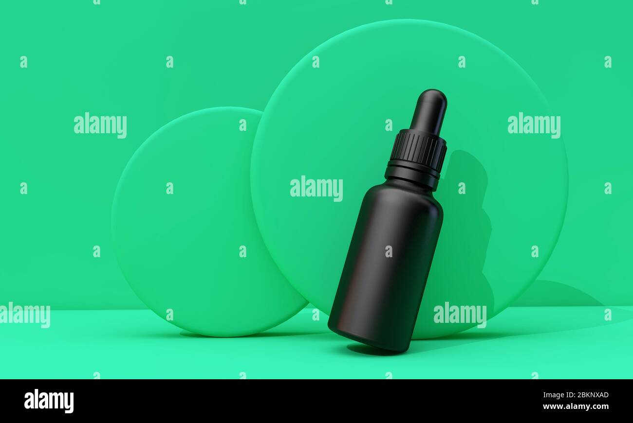 Black oil dropper bottle with blank label on a green background. 3D ...