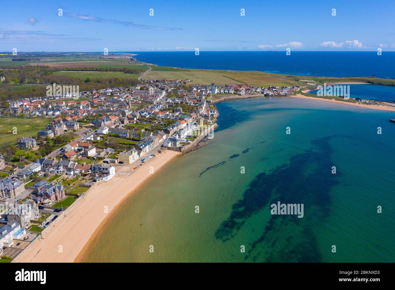 Aerial view of village and beach at Elie in East Neuk of Fife, during ...