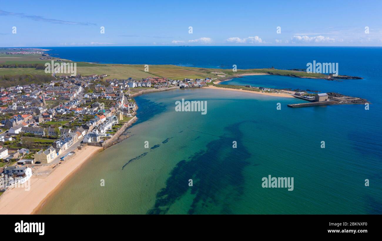 Aerial view of village and beach at Elie in East Neuk of Fife, during ...