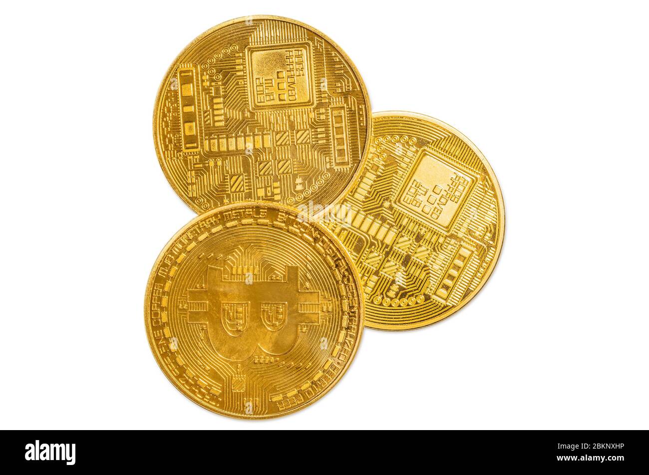 three golden bitcoin coin closeup with circuit symbol. Isolated on ...