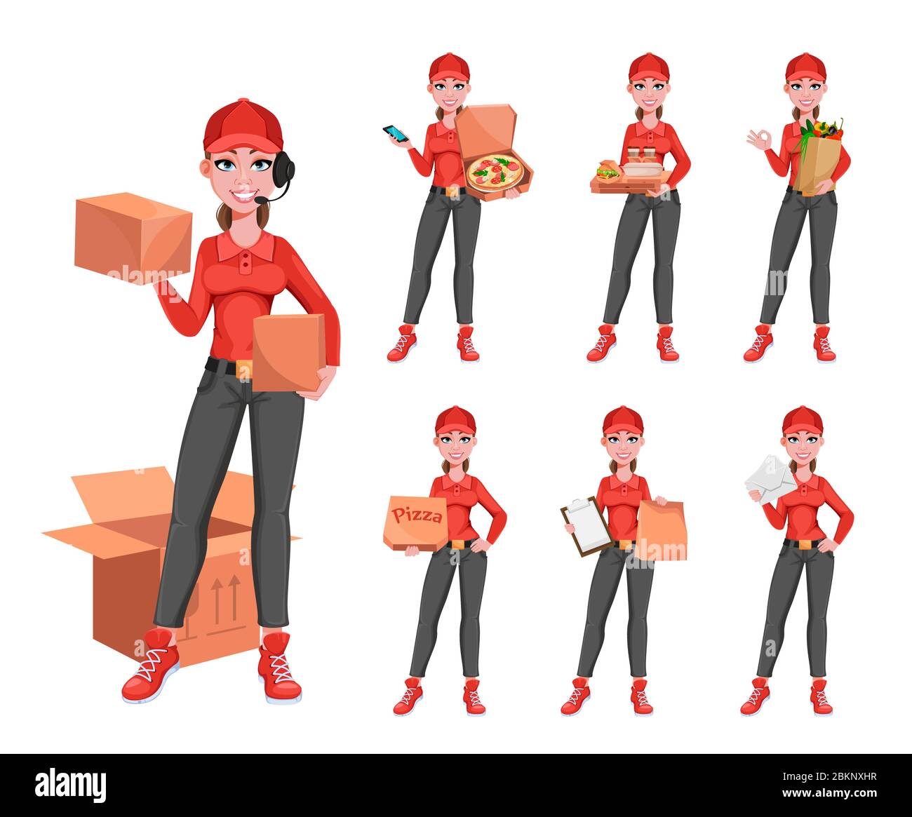 Happy courier woman, set of seven poses. Delivery service concept ...
