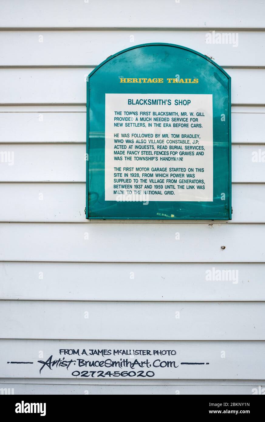 Info sign, Shoeing a Horse, mural by Bruce Smith in Whangamomona ...