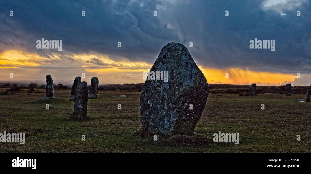 Part of a stone circle in The Hurlers complex at dusk, (dating from ...