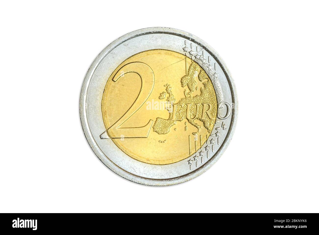 one coin of two euro close-up with European map symbol of United Europe ...