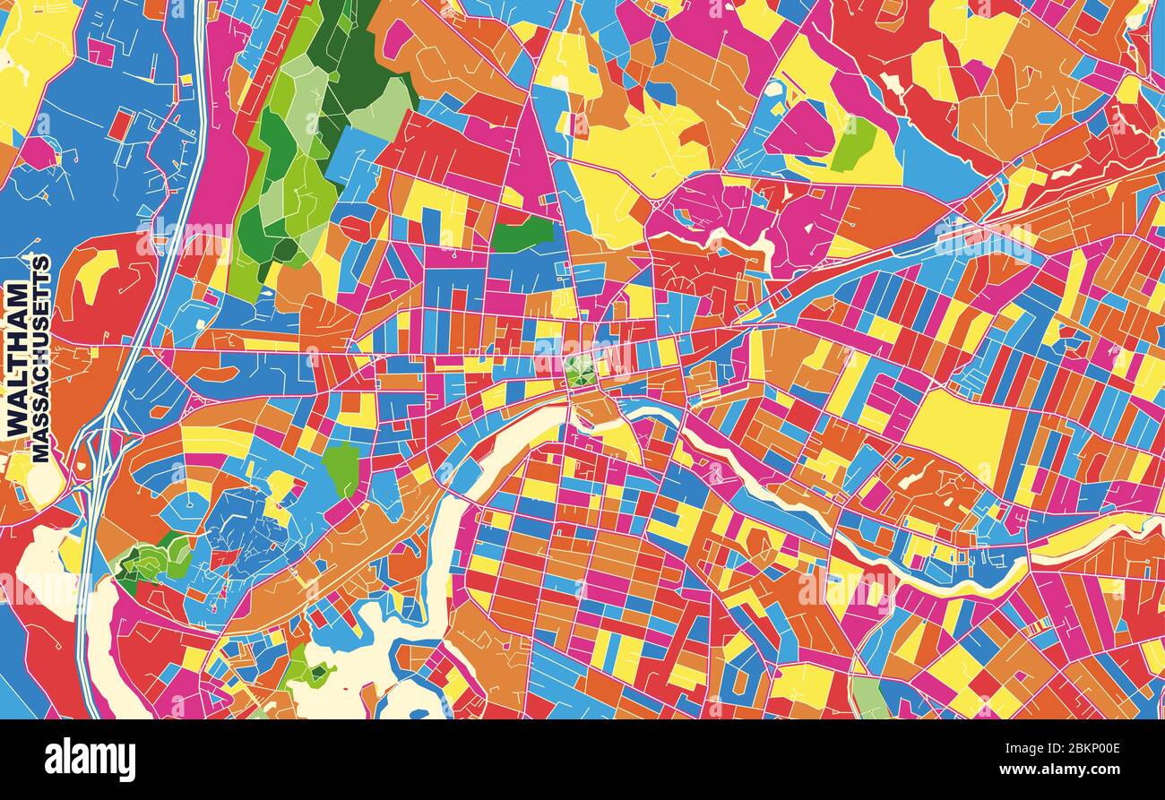 Colorful vector map of Waltham, Massachusetts, USA. Art Map template ...