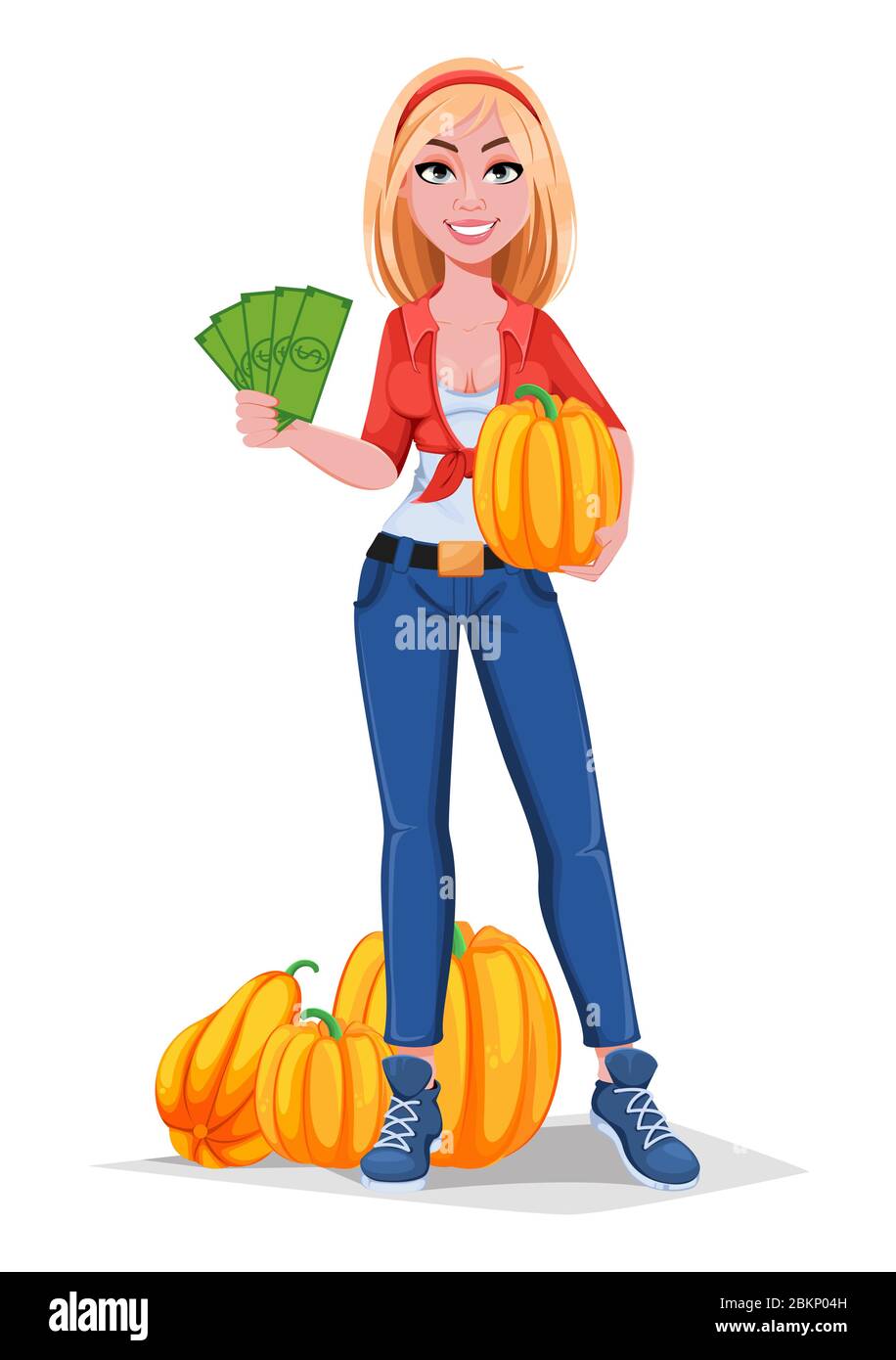 Happy smiling farm girl with pumpkin and money. Beautiful farmer woman ...
