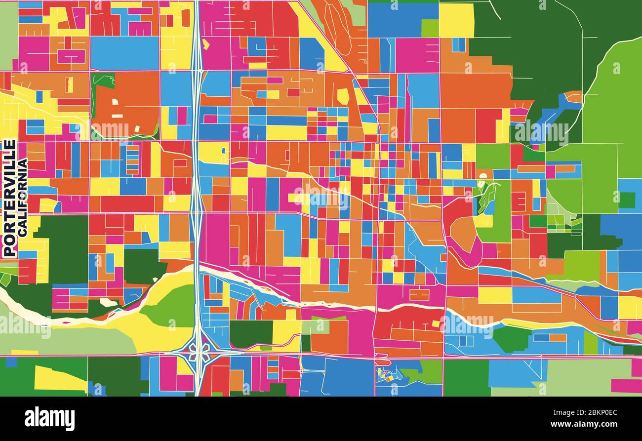 Colorful vector map of Porterville, California, USA. Art Map template ...