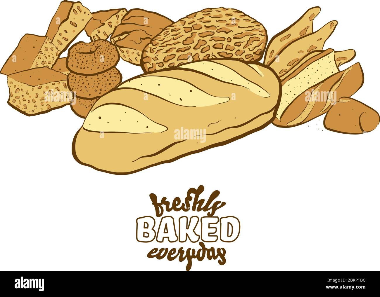 Freshly baked everyday lettering with various bread types illustration ...