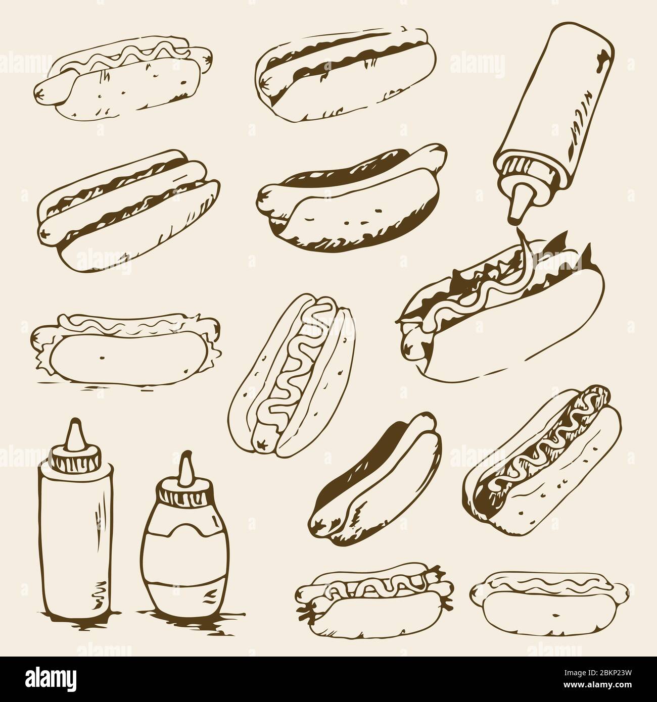 Hot Dog hand drawn set of illustrations. Fast food design elements ...