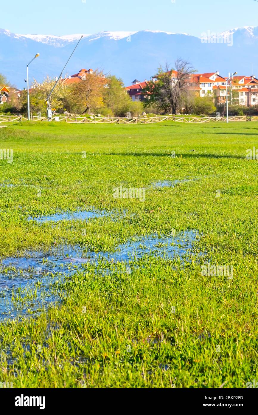 Spring in Bansko, Bulgaria with melting snow water and houses. Snowy ...