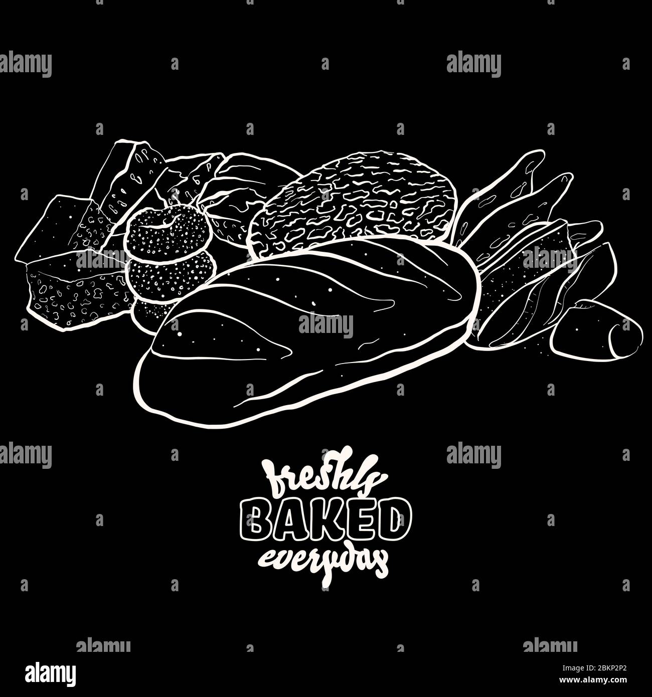 Outline version of Freshly baked everyday lettering with various bread ...