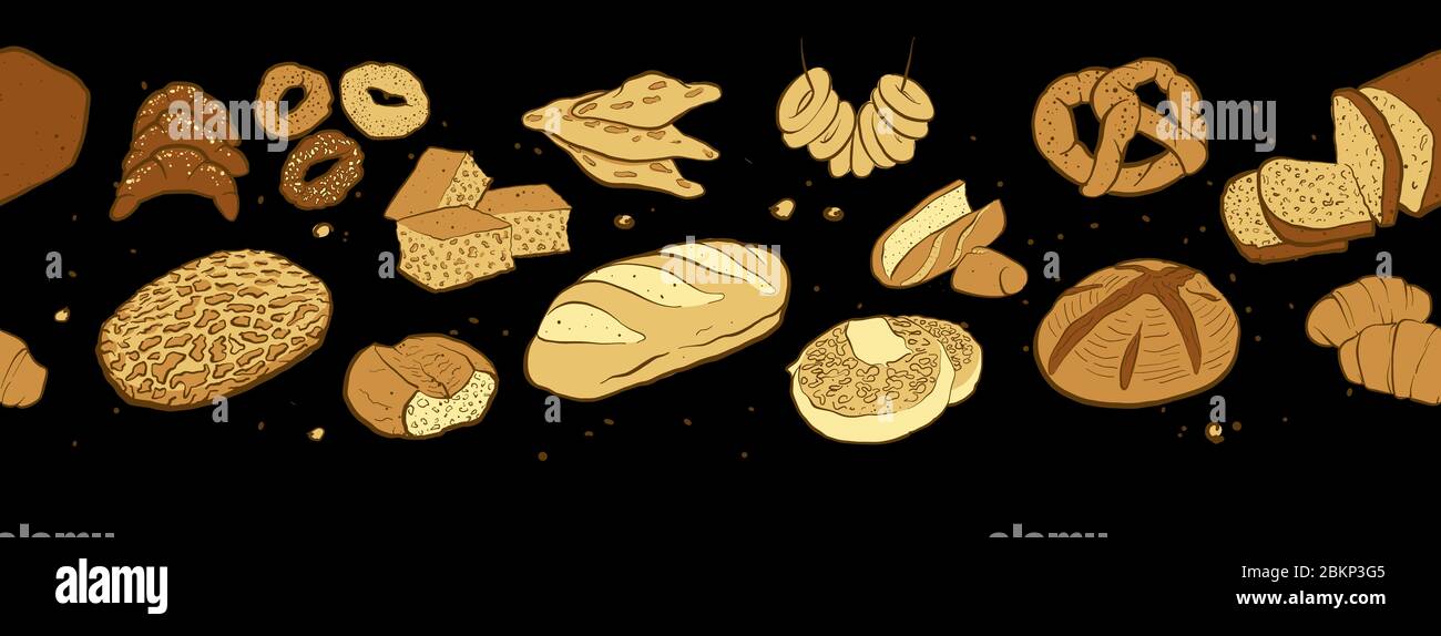 Fresh bread banner. Seamless panoramic composition with hand drawn ...