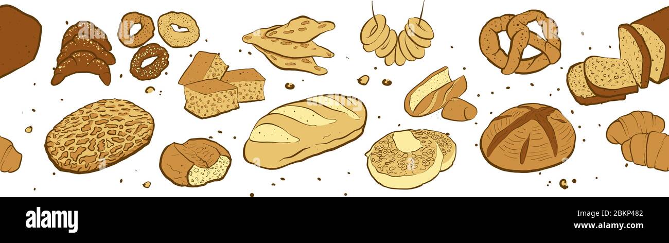 Fresh bread banner. Seamless panoramic composition with hand drawn ...