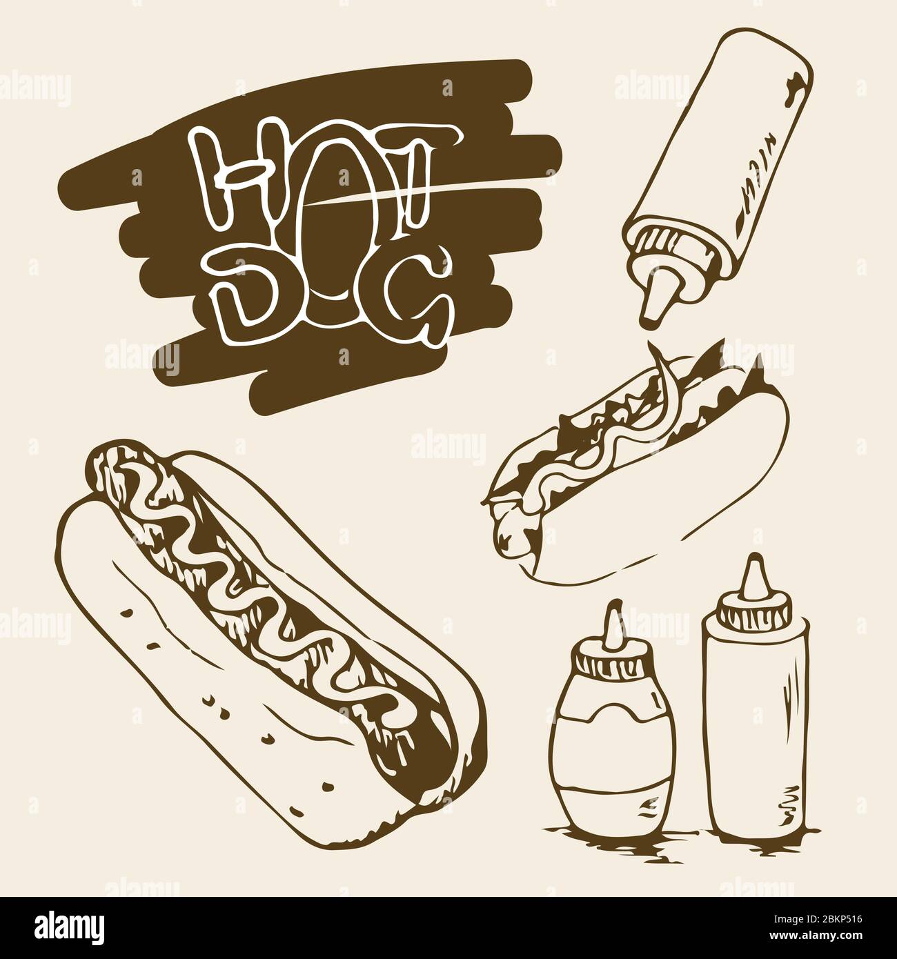 Hot Dog hand drawn illustrations. Fast food design elements, sketches ...