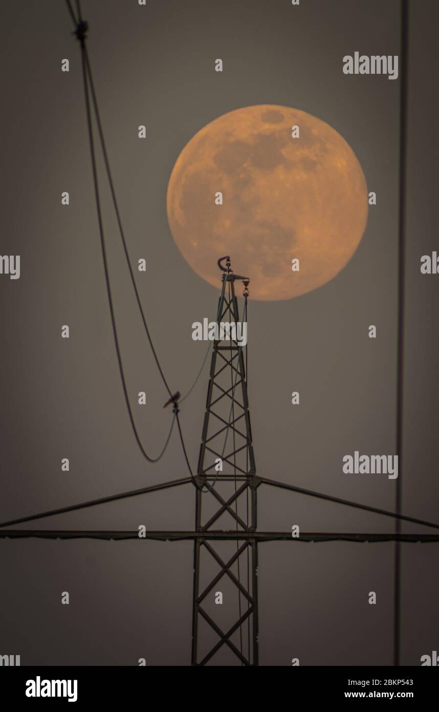 Setting Super Moon - power lines and towers in ftont of the super moon ...