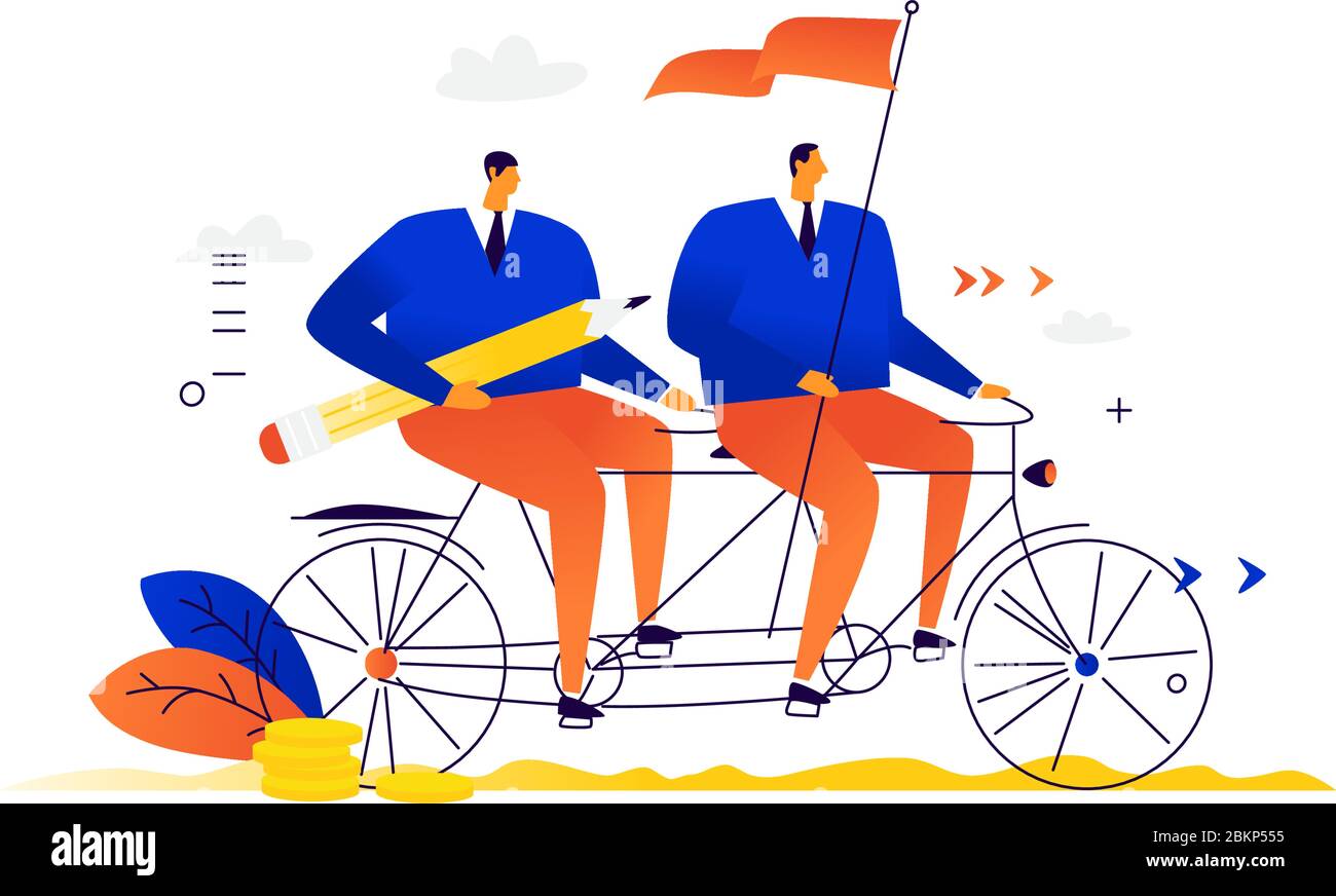 Businessmen ride a tandem bicycle. Vector. Friendly team of business ...