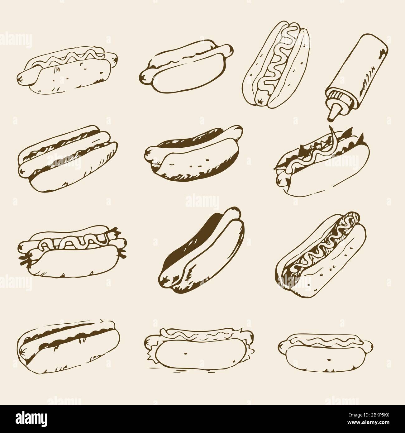 Hot Dog hand drawn set of illustrations. Fast food design elements ...