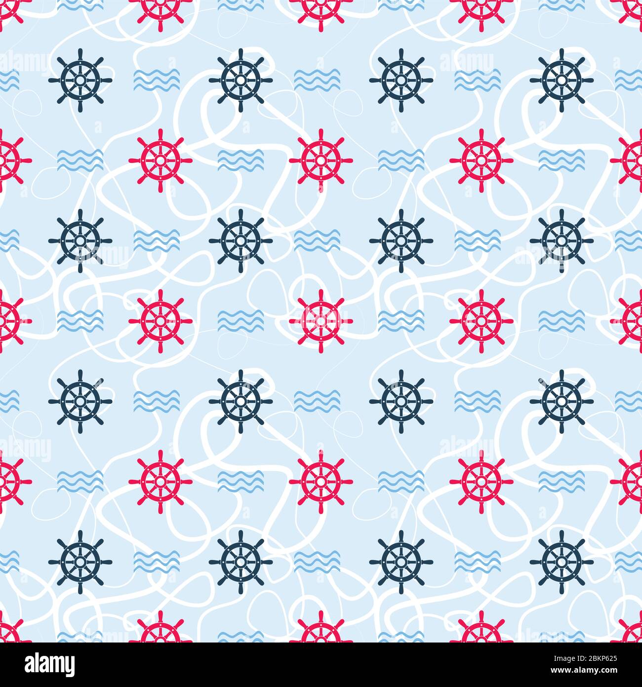 Ship helm vector seamless pattern. Helm, steering wheel, ropes, waves ...