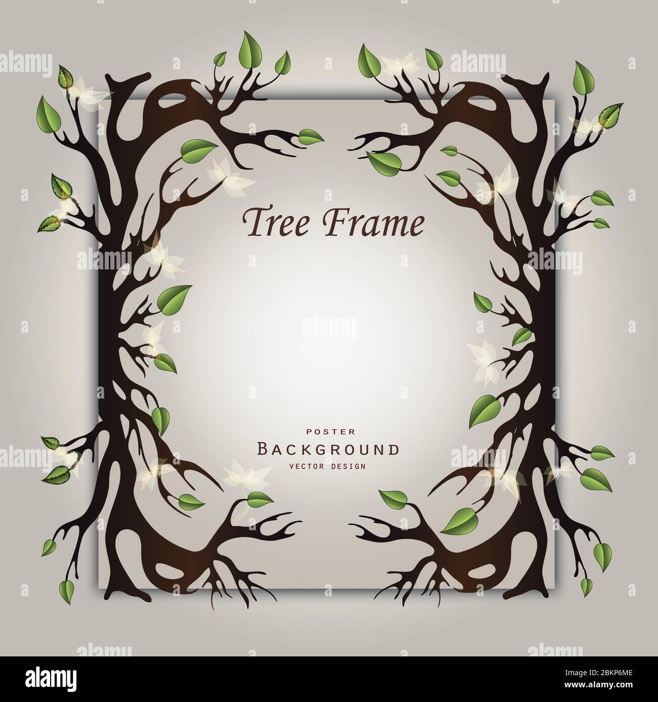 Tree with roots and leaves with light flowers as frame on paper vector ...
