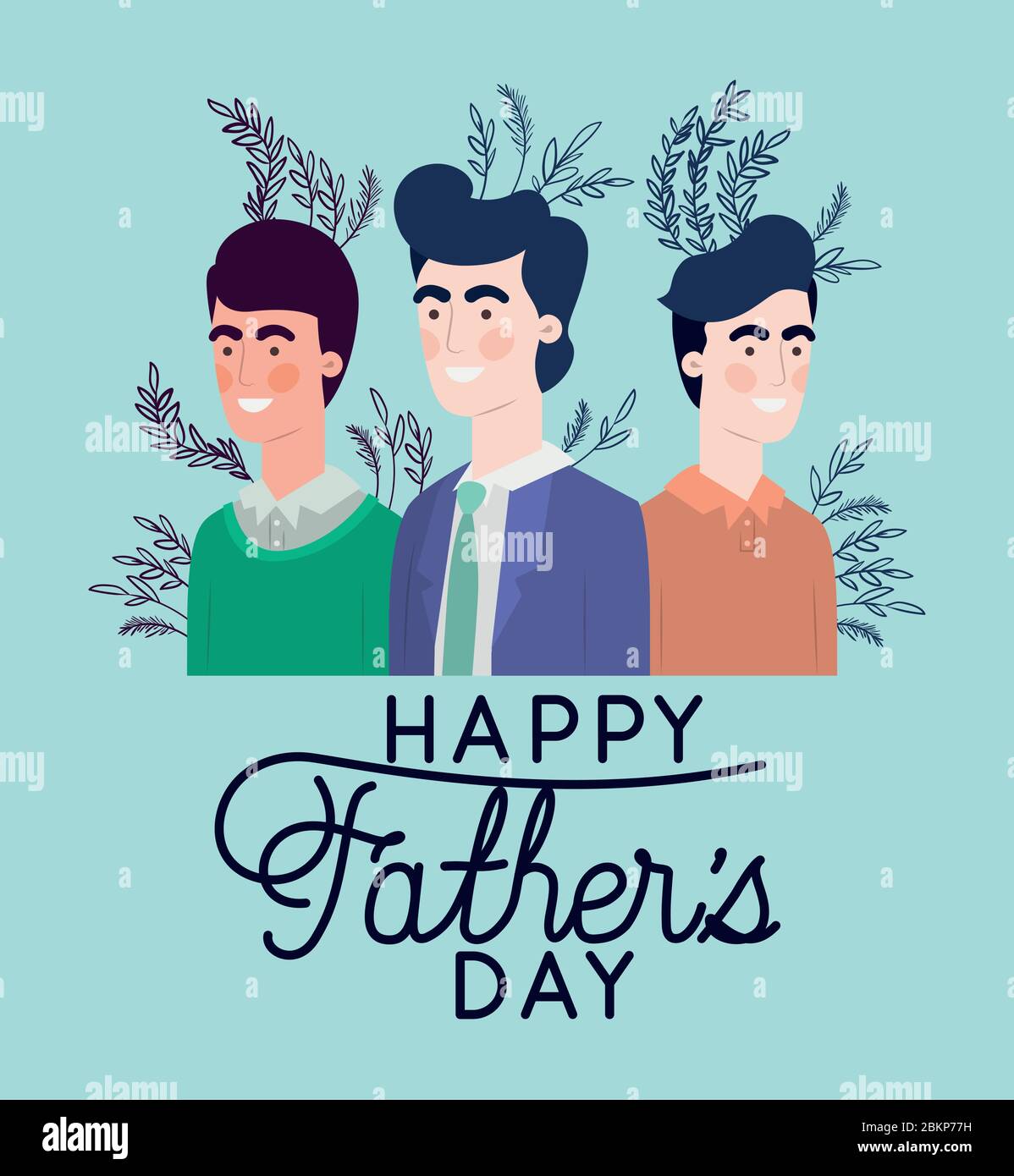 Happy Fathers Day Text Men Cartoons And Leaves Vector Design Stock