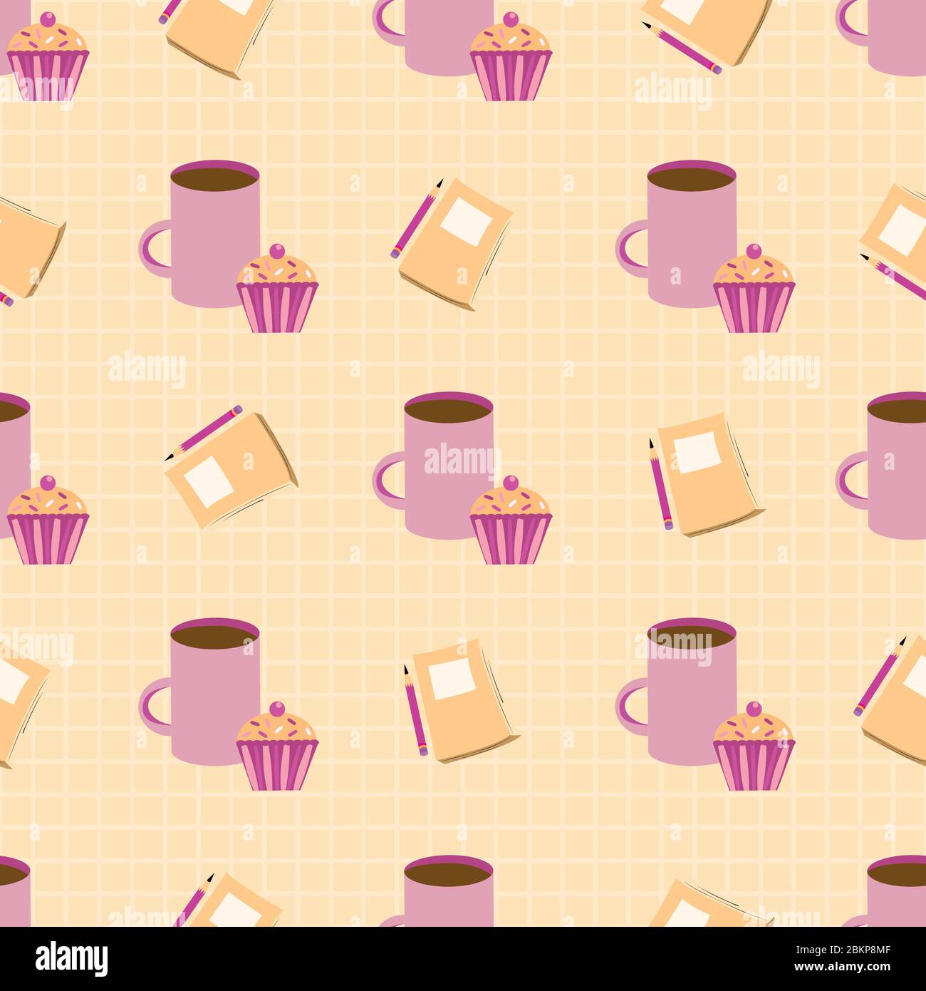Vector mug, cupcake, notebook seamless pattern background. Pink and ...