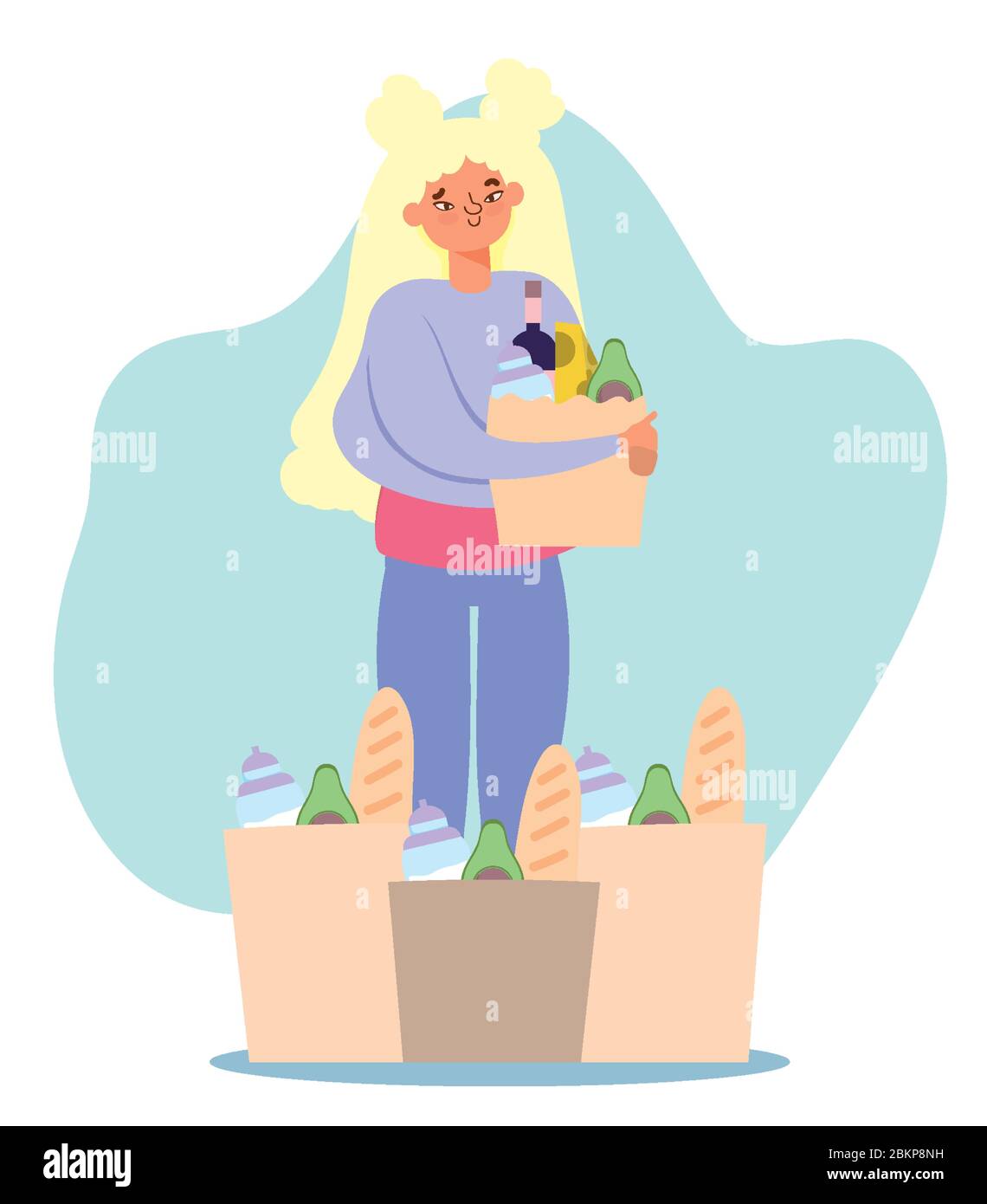 people hoarding purchase, girl with many bags of supermarket with food ...