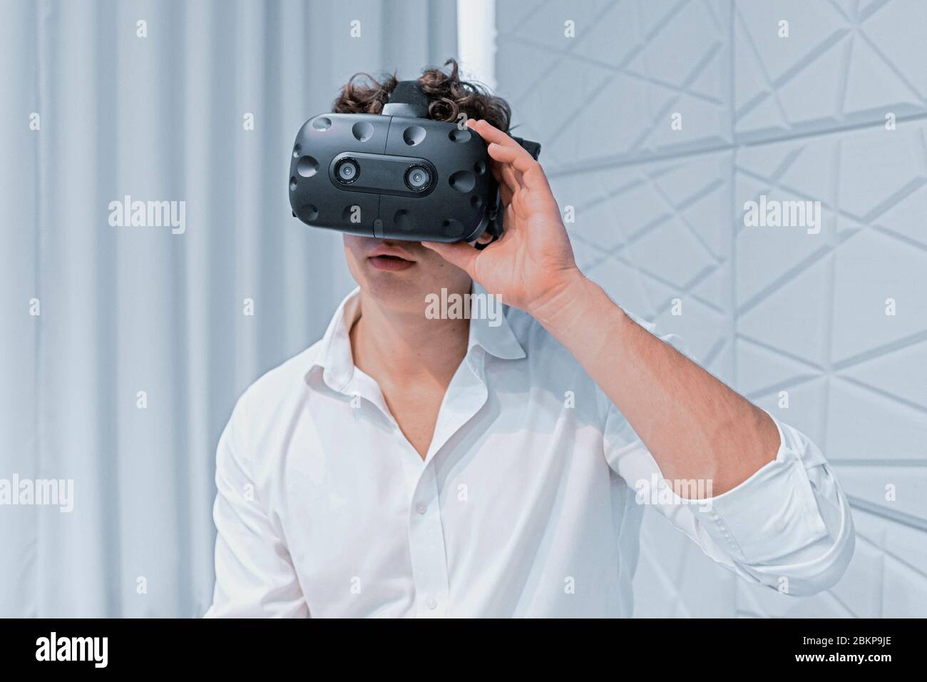 Excited Young Man Took On VR Goggles. First Experienced Virtual Reality ...