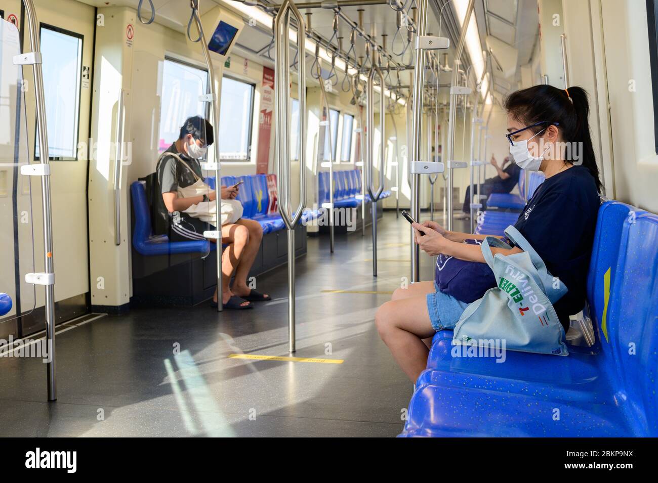 Passenger inside subway train wear mask keep distance protect from ...