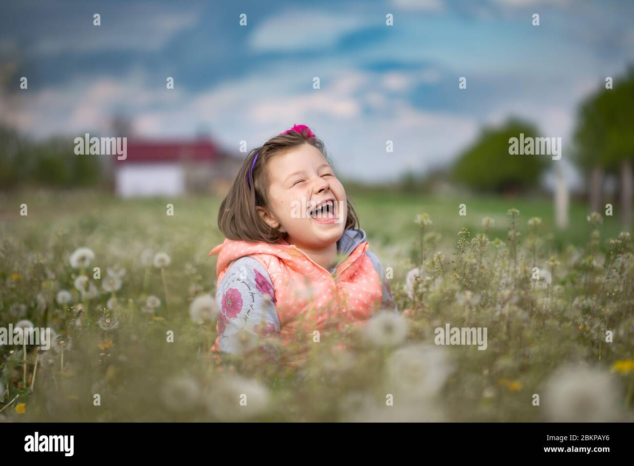 Sweet little girl having fun in spring dandelion field Stock Photo - Alamy
