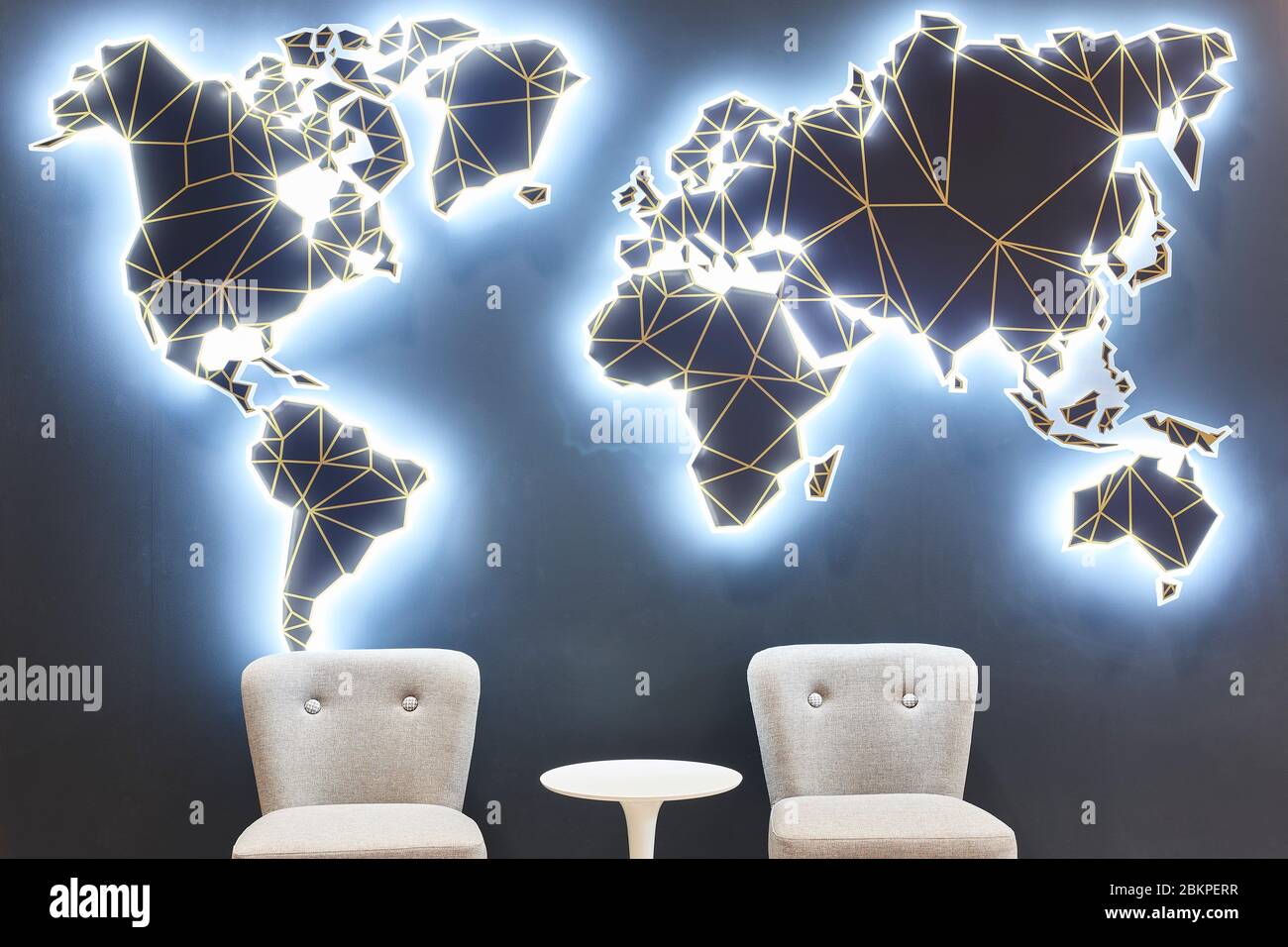 Airport lounge waiting area with world map. Executive premium traveler ...