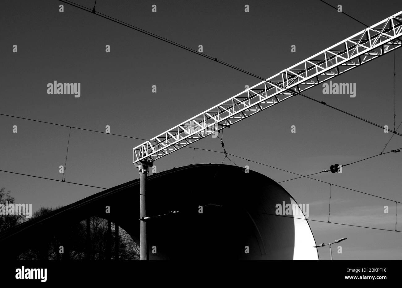 Power electricity wire for trains against sky. Close up of railway ...