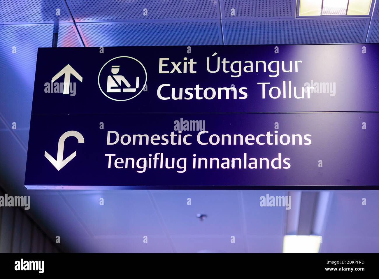 Domestic connections and exit sign at Keflavik international airport ...
