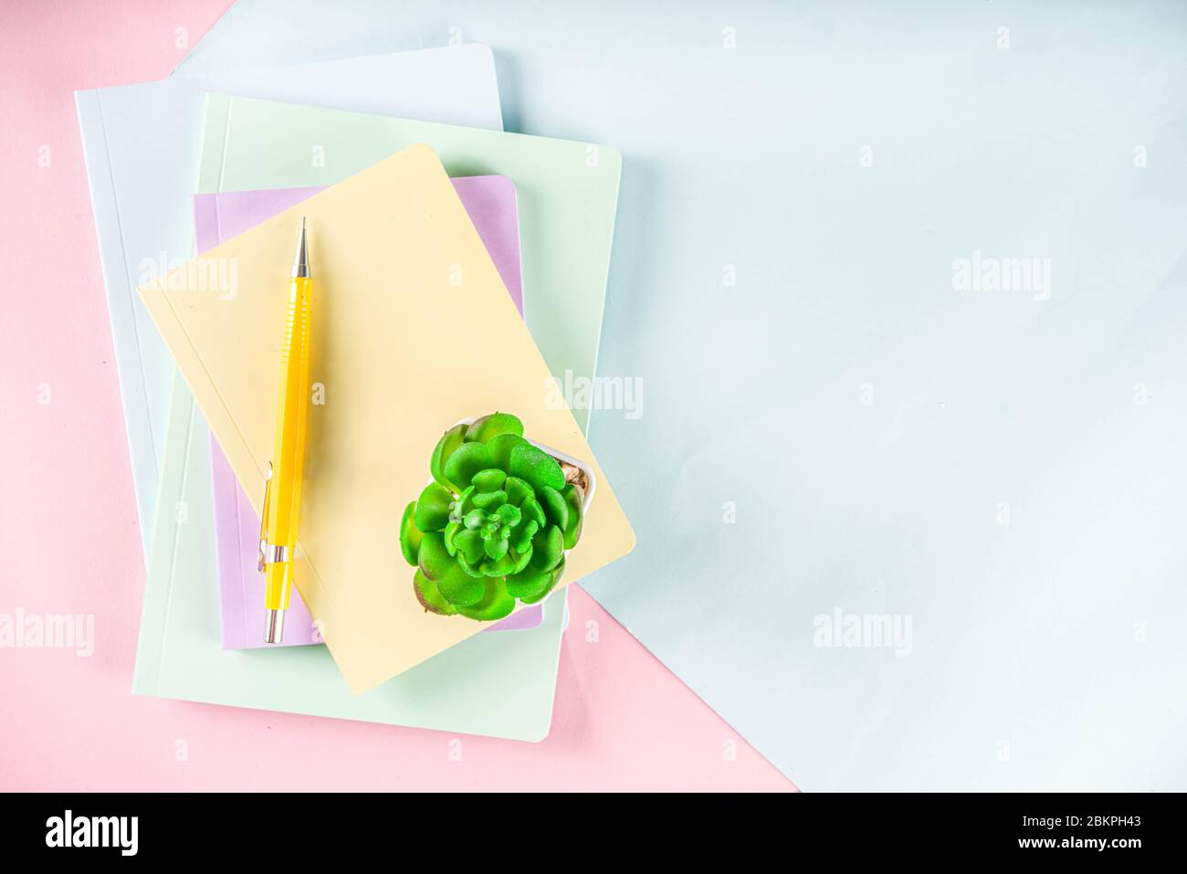 Pastel colored workspace flat lay, Minimal workplace or school study ...