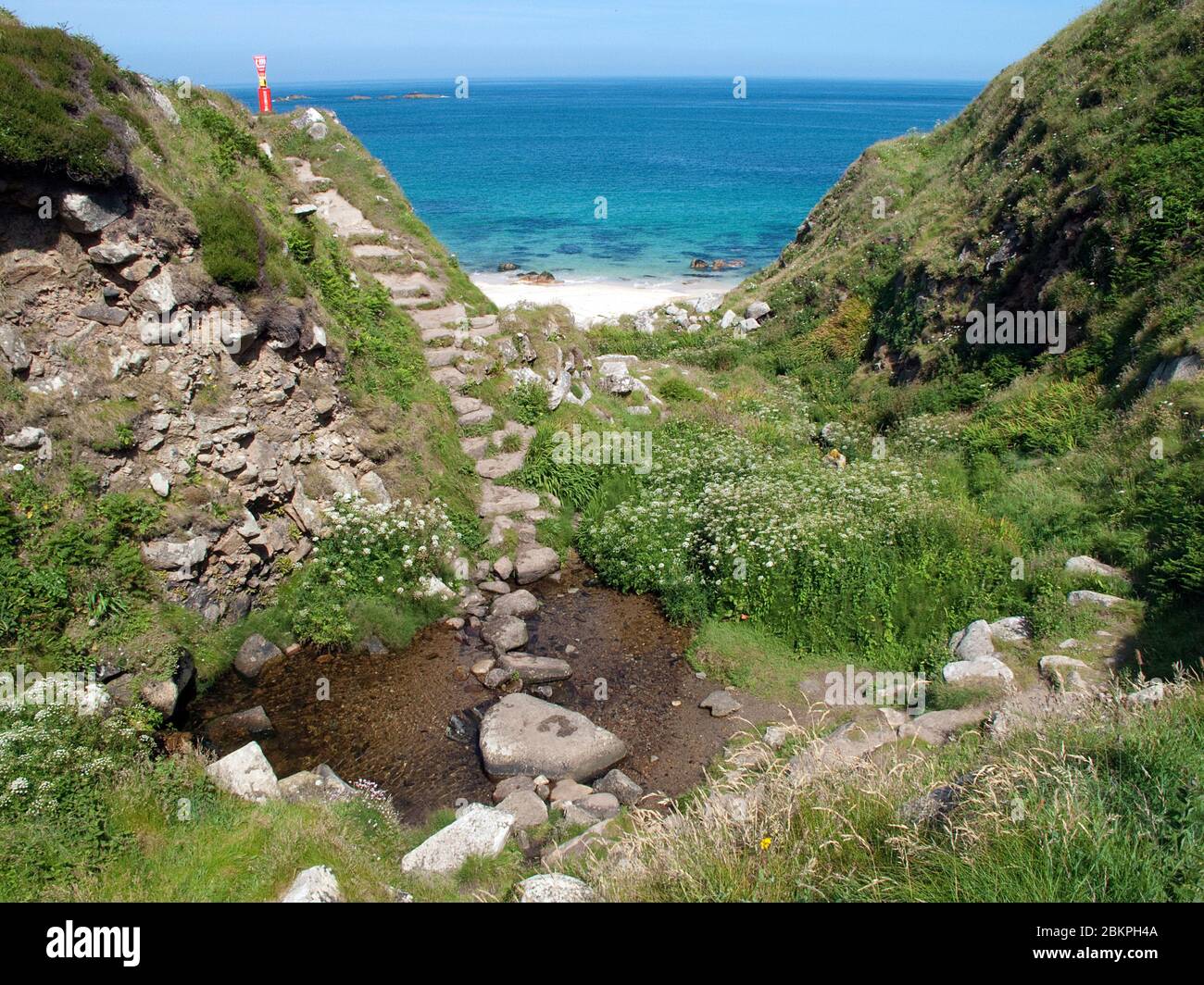Path leading down to Portheras Cove on the north Cornish coastline near ...