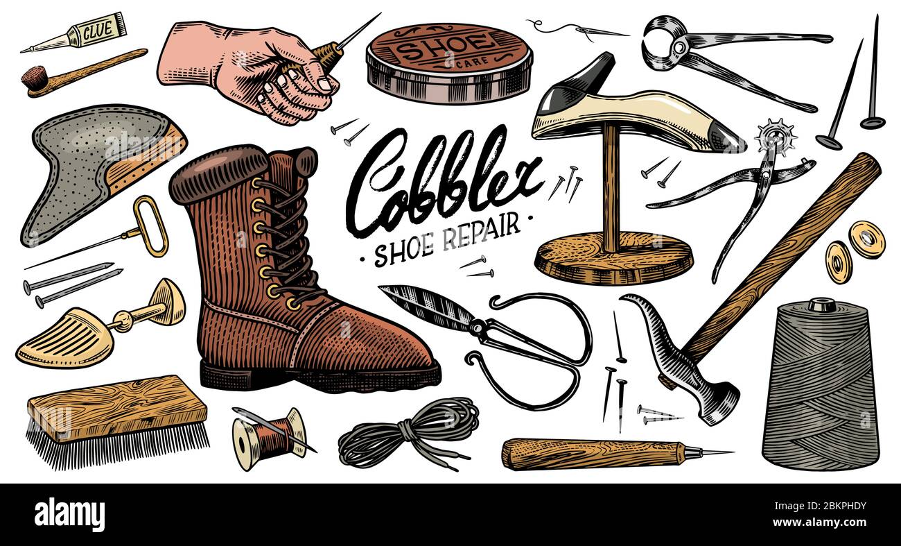 Cobbler set. Professional equipments for Shoe repair. Shoemaker or ...