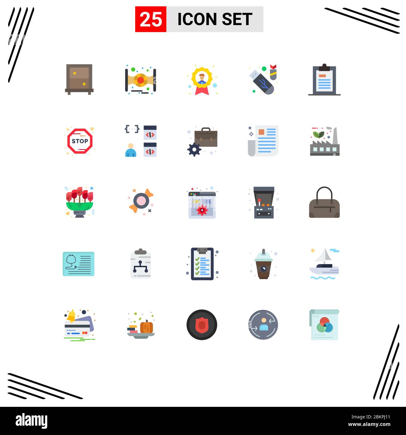 Flat Color Pack of 25 Universal Symbols of file, clipboard, badge, ddos ...
