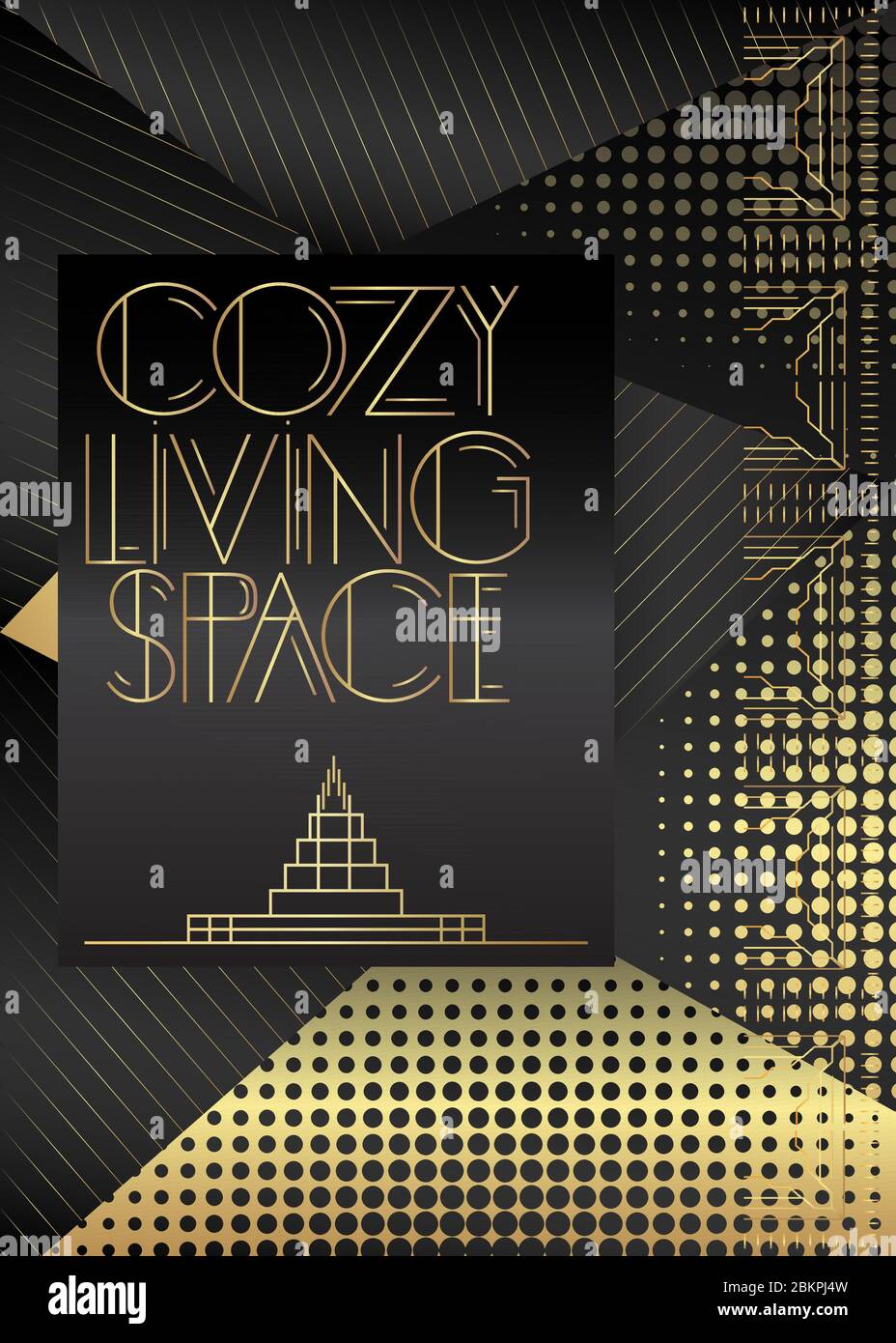 Art Deco Cozy Living Space text. Decorative greeting card, sign with ...