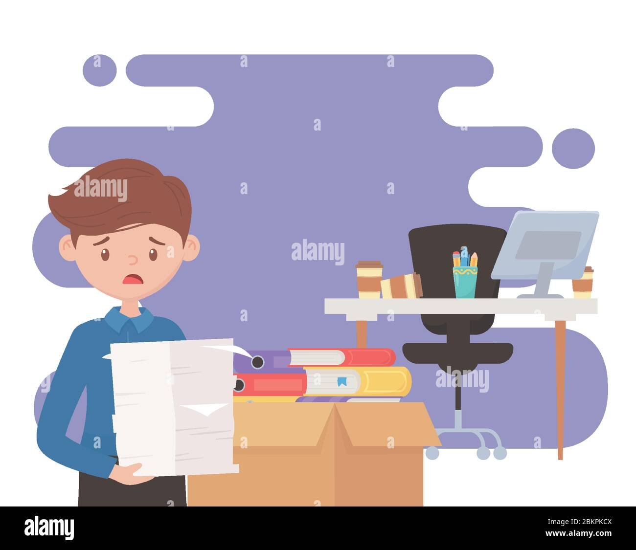 stress at work, sad employee in office with many papers binders desk ...