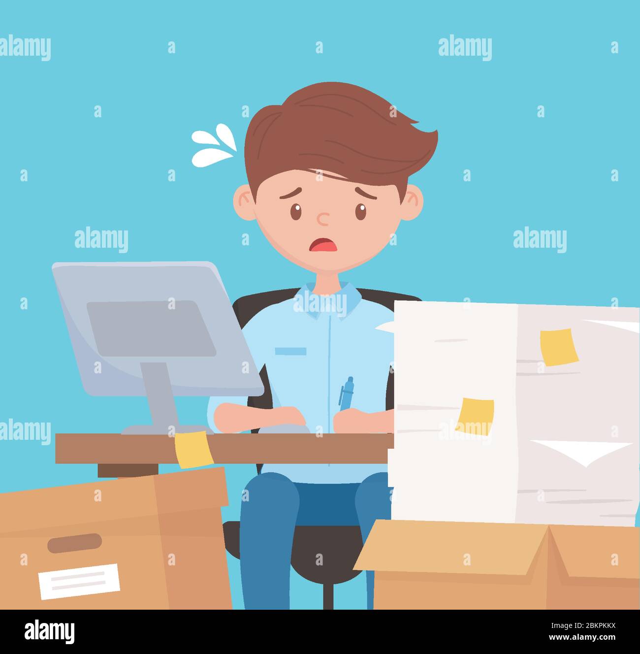 stress at work, tired employee working in desk with stack of papers ...