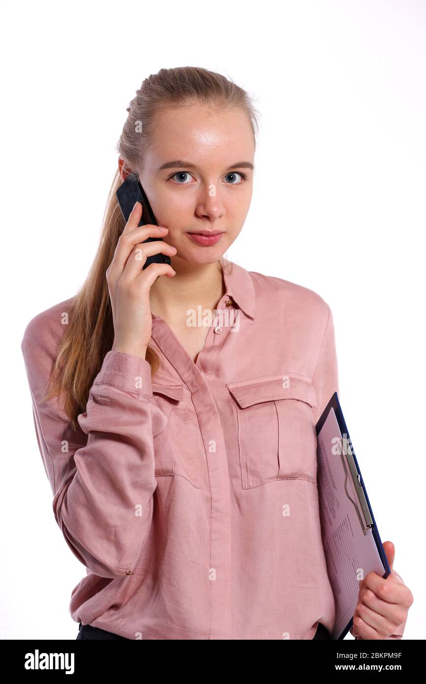 Lady holding paper folder Stock Photo - Alamy