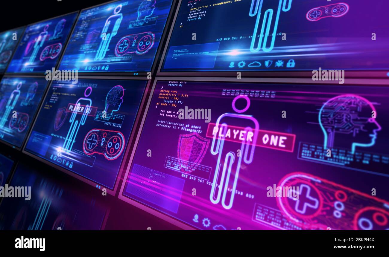 Create and code new game on computer screen. Cyber video gaming ...