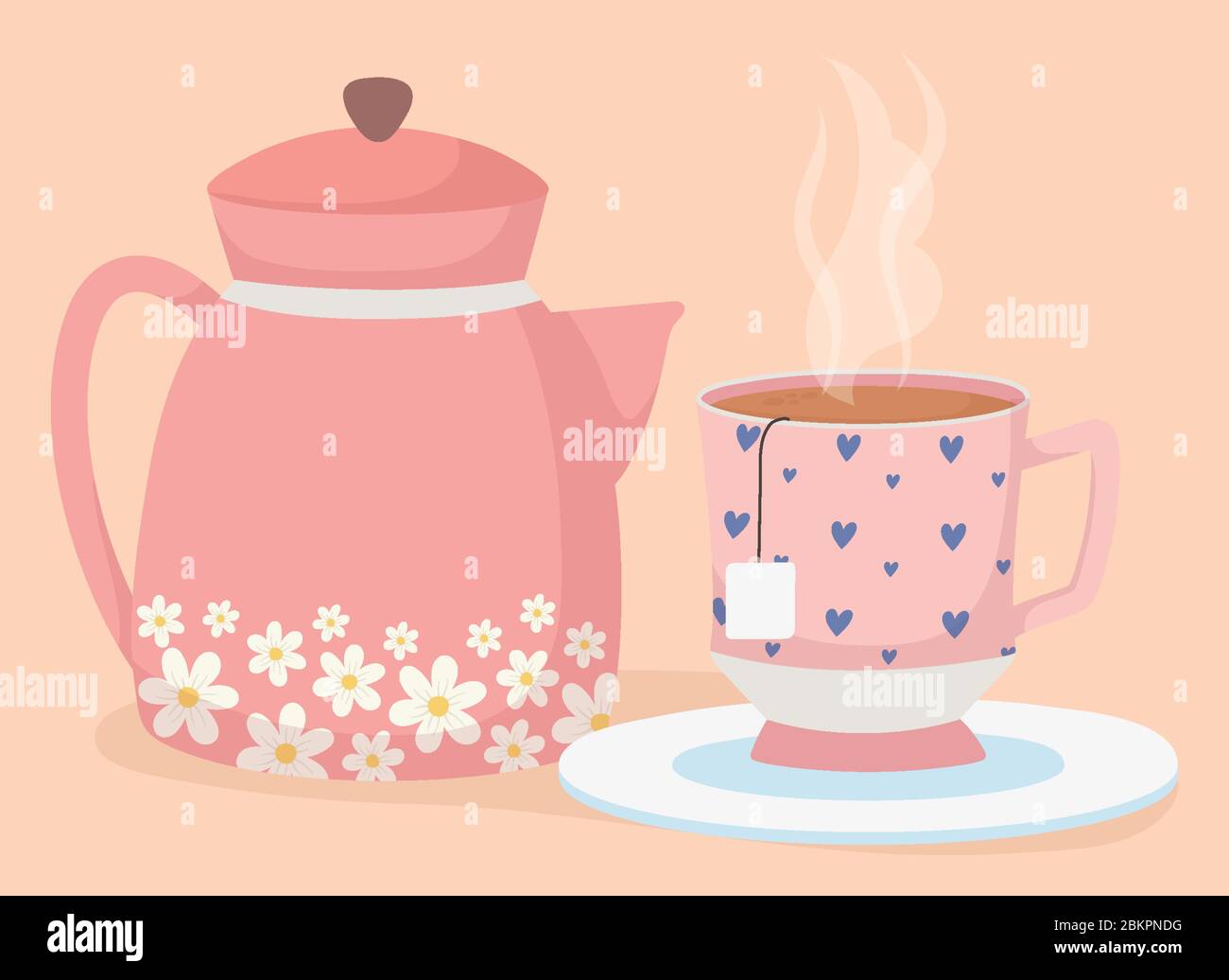 tea time, decorative heart in cup and kettle beverage fresh vector ...