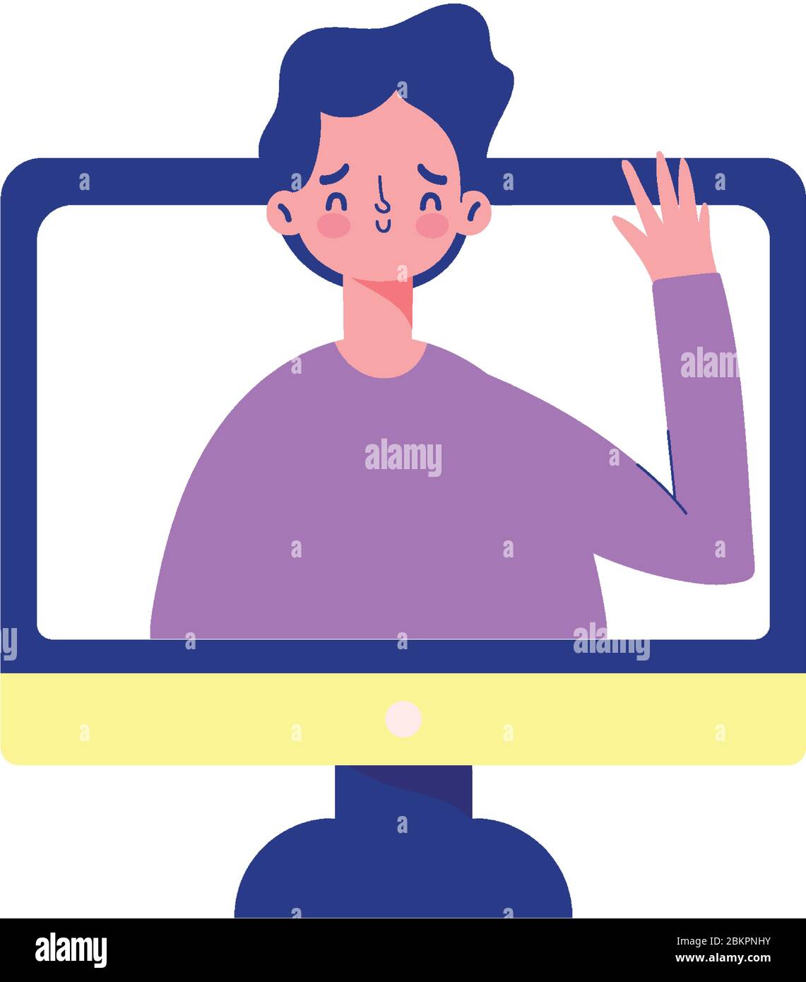 education online, student boy waving hand video call computer vector ...