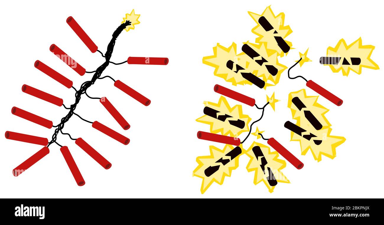 Firecrackers on string exploding, vector cartoon illustration design ...