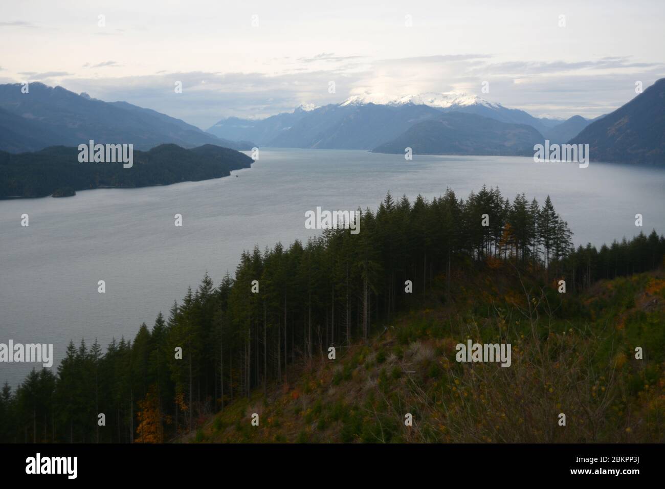 Harrison Lake and the Coast Mountain peaks of Mount Breakenridge of the Lillooet Range, near ...