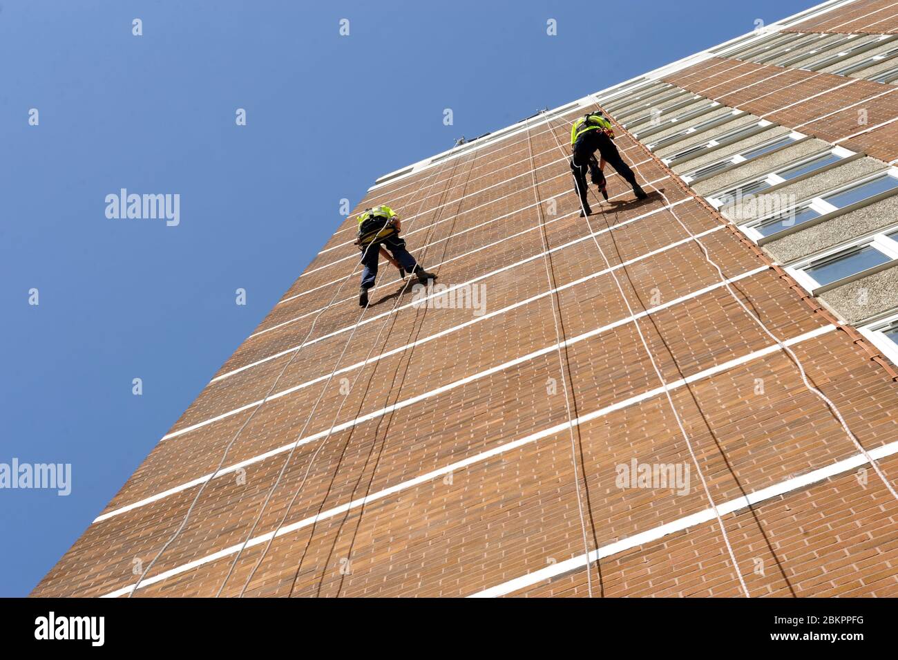 Men working at height on ropes. Industrial rope access workers on the ...